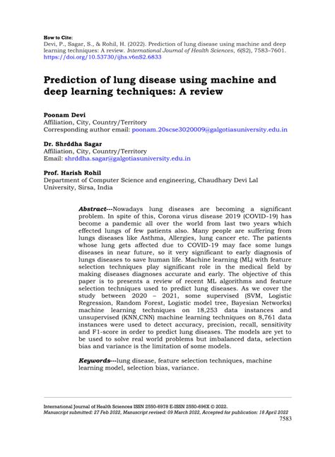 PDF Prediction Of Lung Disease Using Machine And Deep Learning Techniques A Review Poonam