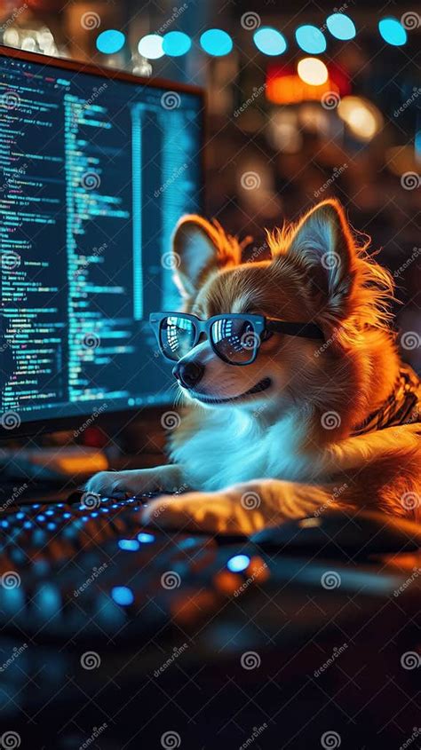 Clever Corgi Wearing Glasses Coding On Computer In Vibrant Tech