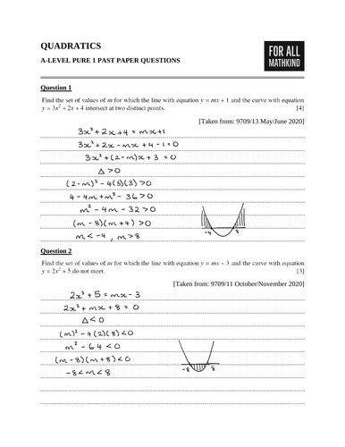A Level 9709 Maths Past Paper Topic Questions Quadratics Algebra Teaching Resources