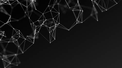 검은 배경에 점과 선의 추상적 인 연결 흑백 신경총 효과 입자와 다각형이 천천히 날아다니며 디지털 데이터의 미래 지향적인 혼합을