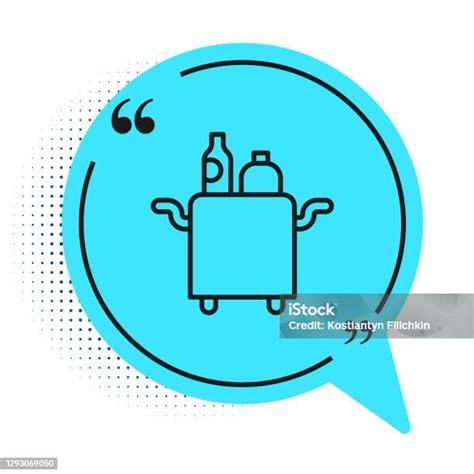 흰색 배경에 고립 된 음식과 음료 아이콘에 대한 검은 라인 트롤리 파란색 음성 버블 기호입니다 벡터 검은색에 대한 스톡 벡터 아트 및 기타 이미지 Istock