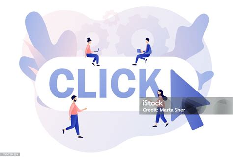 Click Here Button Tiny People With Huge Mouse Arrow Click Cursor