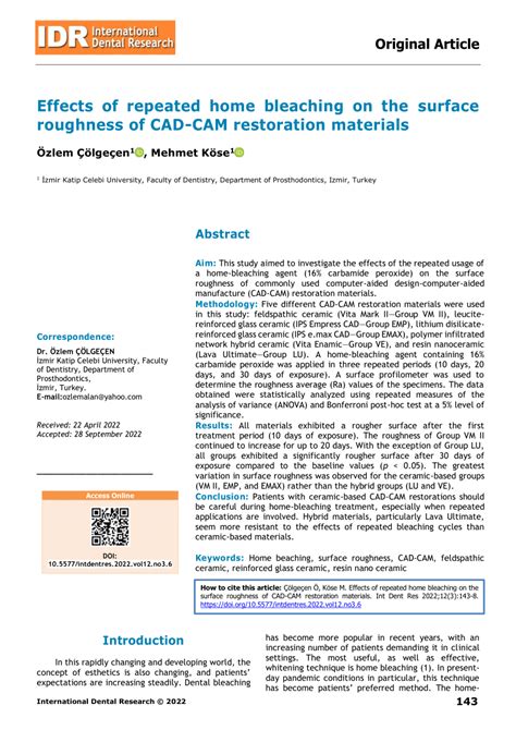 Pdf Effects Of Repeated Home Bleaching On The Surface Roughness Of Cad Cam Restoration Materials