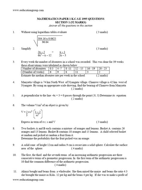 Kcse Mathematics Questions 1995 2012 Pdf