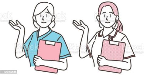 간호사의 유니폼과 의료 스크럽을 입은 두 명의 간호사가 웃으며 길을 보여줍니다 벡터 일러스트레이션 여자 간호사에 대한 스톡 벡터 아트 및 기타 이미지 Istock