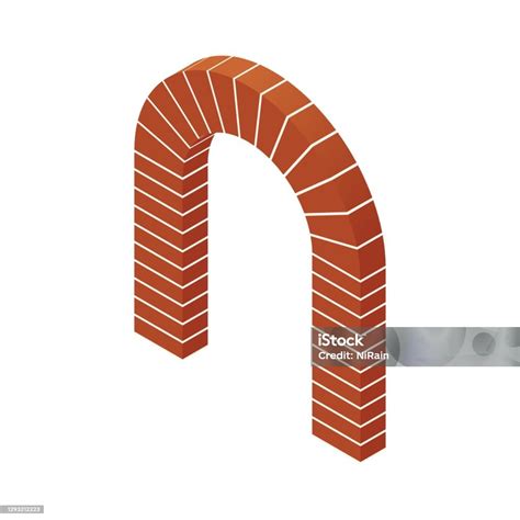 흰색 배경에 격리 된 벡터 일러스트 레드 브릭 아치 등각 보기의 석조 아이콘입니다 플랫 스타일의 다채로운 등색 돌 건축 아치