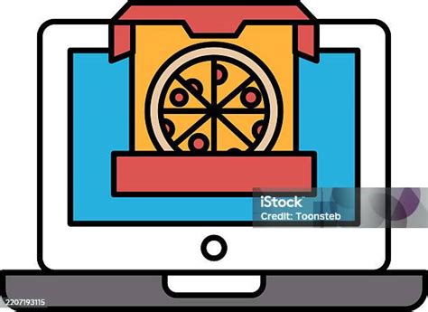 노트북 화면에 빨간색과 노란색 상자가 있는 피자가 표시됩니다 0명에 대한 스톡 벡터 아트 및 기타 이미지 0명 개념 개념과 주제 Istock