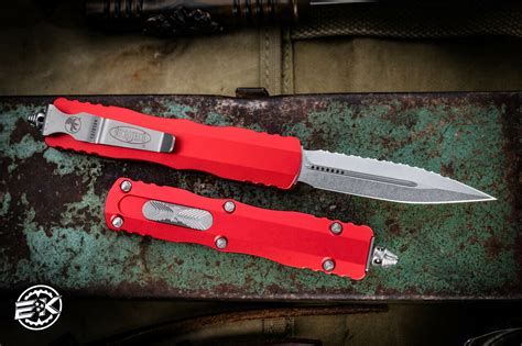 Microtech Dirac Otf Automatic Knife Red 3 0 Dagger Stonewash Serrated 225 12rd