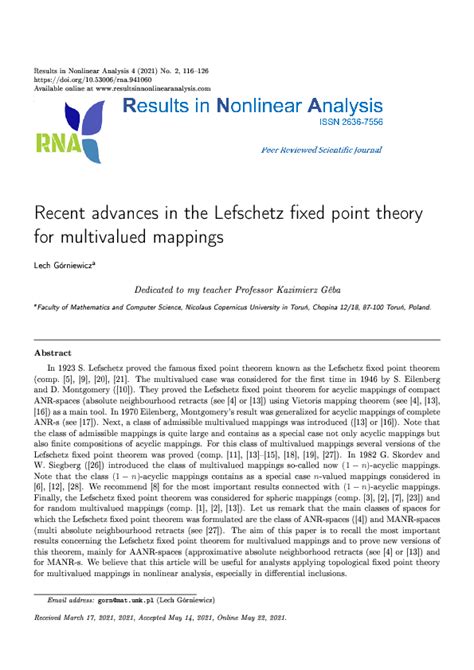Pdf Lefschetz Fixed Point Theorem For Acyclic Maps With Multiplicity Heinz Otto Peitgen