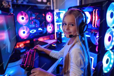 A Young Girl Customizing Her Gaming Setup Arranging Figurines And Led Lights Around Her Desk She