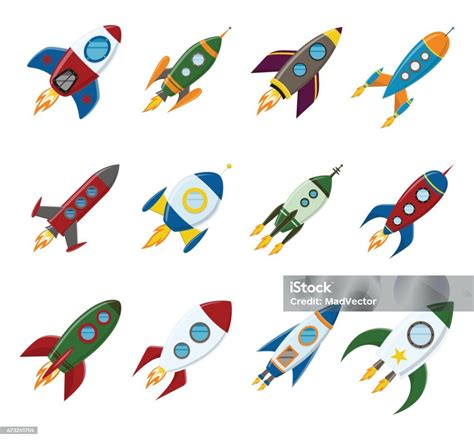 벡터 복고풍 공간 로켓 우주선 아이콘 평면 스타일에서 설정합니다 프로젝트 시작 및 개발 프로세스 창의적인 아이디어 등 배경에 대 한 디자인 요소 Launch Party에