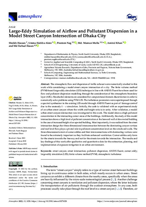 Pdf Large Eddy Simulation Of Airflow And Pollutant Dispersion In A Model Street Canyon
