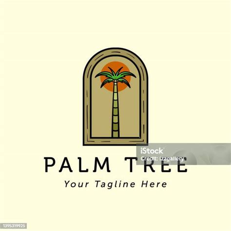 팜 또는 코코넛 라인 아트 로고 벡터 일러스트 레이 션 디자인 빈티지 라인 아트 팜 트리 템플릿 디자인 섬 로고 개념의 일몰 0명에 대한 스톡 벡터 아트 및 기타 이미지