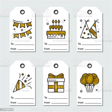 흰색 배경에 황금 생일 태그 디자인입니다 골드 파티 인사말 카드의 컬렉션입니다 기념일 이나 생일에 대 한 귀여운 세트입니다 휴일 이벤트 카니발 축제 컨셉 테마 벡터