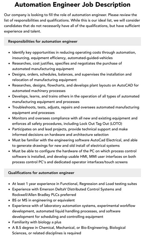 Automation Engineer Job Description Velvet Jobs