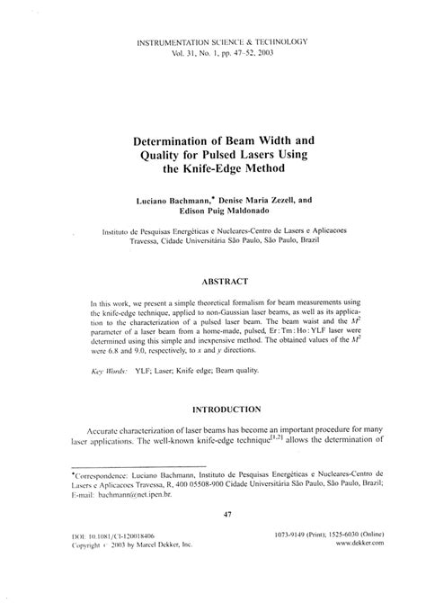 Pdf Determination Of Beam Width And Quality For Pulsed Lasers Using
