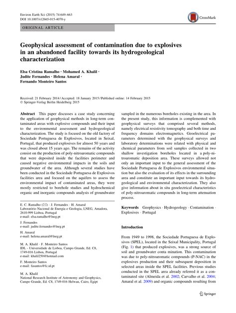 Pdf Geophysical Assessment Of Contamination Due To Explosives In An