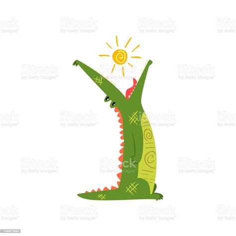 친절 한 악어 태양 재미 있는 프레데터를 삼 키는 만화 흰색 배경에 문자 벡터 일러스트 레이 션 귀여운에 대한 스톡 벡터 아트