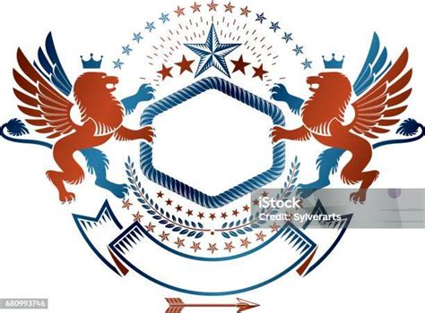 용감한 라이온 킹 오각형 스타와 리본의 그래픽 상징 팔의 문장 학 외 투 장식 아이콘 고립 된 벡터 일러스트 레이 션 고풍스런에 대한 스톡 벡터 아트 및 기타 이미지