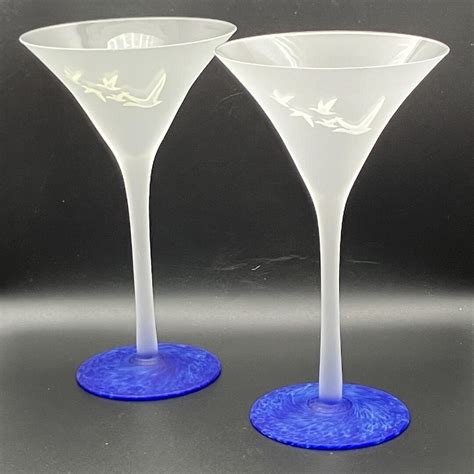 2 Grey Goose Vodka Frosted Martini Glass Cobalt Blue Swirl Base Flying