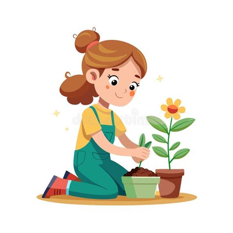Cartoon Girl Planting Flower In Pot Gardening Spring And Nature