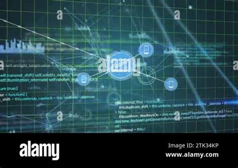 Animation Of Connected Icons Over Computer Language And Graphs Against Abstract Background