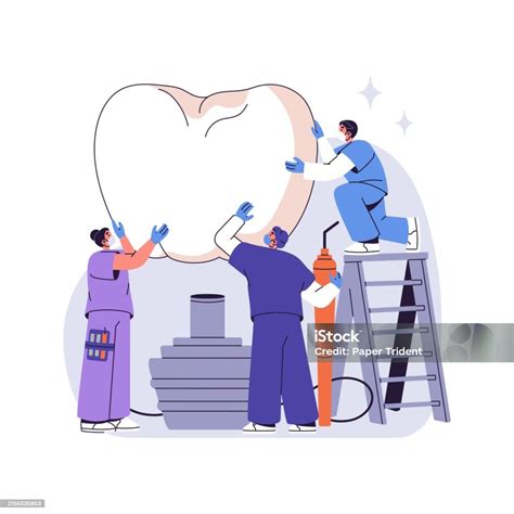 치과 임플란트 설치 치과 의사 그룹 구강 전문의 치료 의치 인공 치아 치과 의사는 구강 건강에 관심이 있습니다 흰색 배경에 평평한 고립 된 벡터 그림 개념에 대한 스톡 벡터