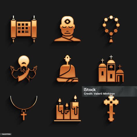 불교 승려 불타는 촛불 기독교 십자가 교회 건물 사슬 예수 묵주 구슬 종교와 법령 종이 양피지 두루마리 아이콘을 설정하십시오 벡터 건축에 대한 스톡 벡터 아트 및 기타