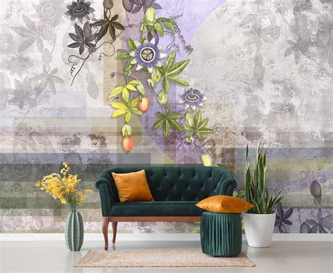 Buy Passiflora Floral Concrete Wall Mural Vintage Botanical Wallpaper