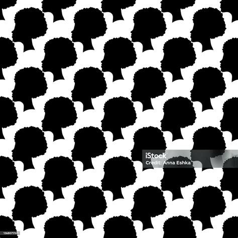 블랙 여성 실루엣 얼굴 프로필 비네팅 프로필에 아프로 여자 흰색 배경에 손으로 그린 벡터 원활한 패턴 초대장 인사말 카드 빈티지