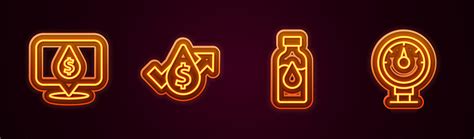 달러 기호 가격 인상 휘발유 시험관 및 모터 가스 게이지가 있는 라인 오일 드롭을 설정합니다 빛나는 네온 아이콘입니다 벡터 0