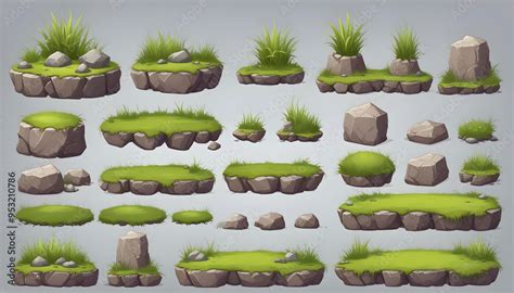 Grass Stones Platforms 2d Game Design Elements On Isolated Background