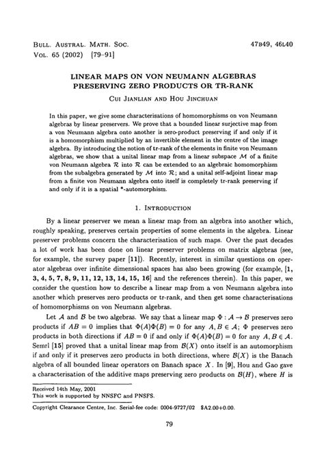 Pdf Linear Maps On Von Neumann Algebras Preserving Zero Products Or Tr Rank