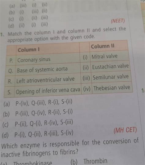 1 Match The Column I And Column II And Select The Appropriate Option Wi