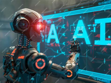 premium photo ai robot standing in front of a digital screen with charts