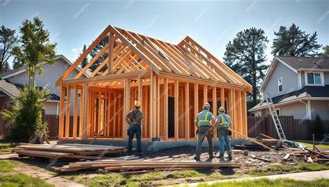 Construction Work Crew Building A New House In A Residential