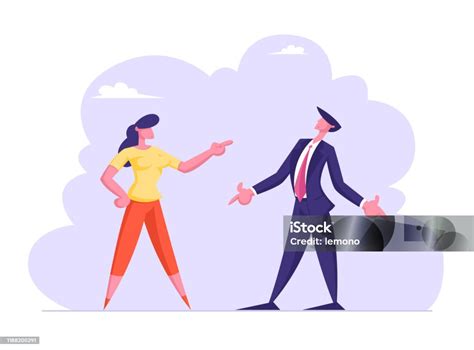 비즈니스 남자와 여자는 서로 싸움을 하고 고함 사업가와 사업가 불일치 동료 또는 사무실 직원 사이의 작업 충돌 만화 평면 벡터 일러스트 경영자에 대한 스톡 벡터 아트 및