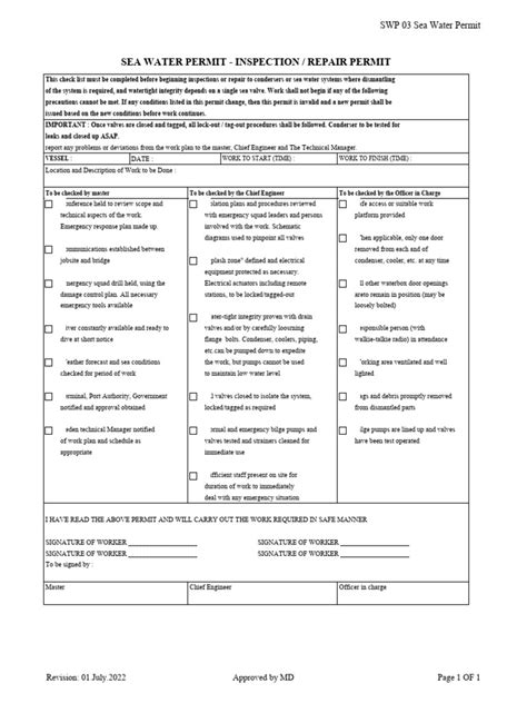 Swp 03 Sea Water Permit Pdf Valve Equipment