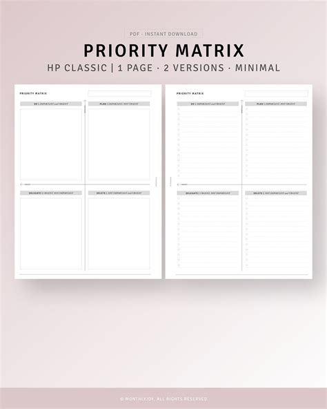 Priority Matrix Printable Template HP Classic Inserts Decision Matrix Productivity Planner