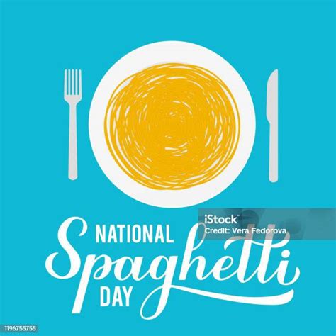 파스타 접시와 국립 스파게티 의 날 서예 손 편지 로고 디자인 배너 타이포그래피 포스터 전단지 스티커 바 또는 레스토랑 메뉴 등을위한 벡터 템플릿을 편집하기 쉽습니다