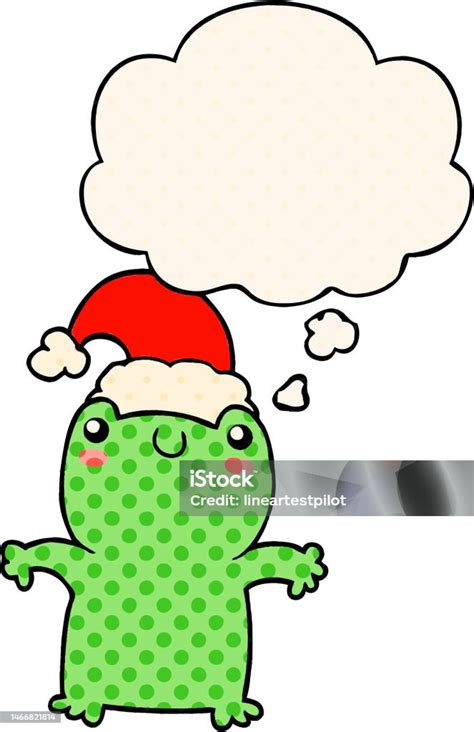 만화책 스타일의 생각 거품이 있는 크리스마스 모자를 쓰고 귀여운 만화 개구리 0명에 대한 스톡 벡터 아트 및 기타 이미지 0명 개구리 귀여운 Istock