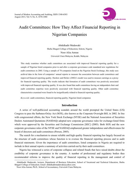 Pdf Audit Committees How They Affect Financial Reporting In Nigerian Companies