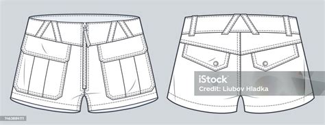 데님 낮은 쌀 반바지 기술 패션 일러스트 가죽 짧은 바지 패션 플랫 기술 도면 템플릿 전면 및 후면보기 화이트 여성 남성 남녀 공용 Cad 모형 0명에 대한 스톡 벡터 아트