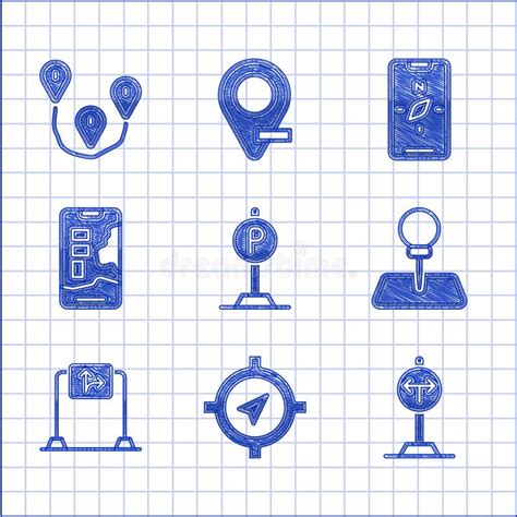 Set Parking Compass Fork The Road Push Pin Road Traffic Sign City