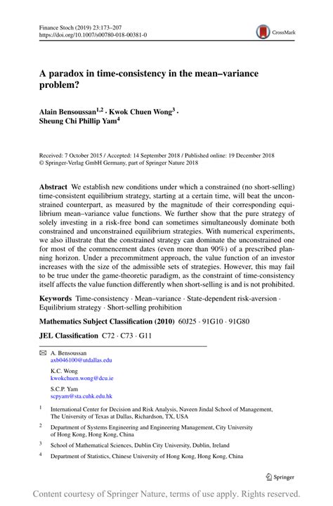 A Paradox In Time Consistency In The Meanvariance Problem Request Pdf