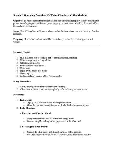 Sop Coffee Machine Cleaning Pdf Filtration Water