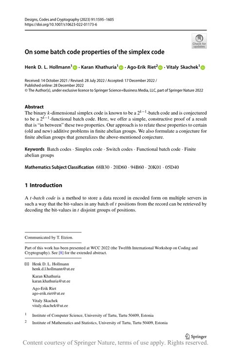 On Some Batch Code Properties Of The Simplex Code Request Pdf