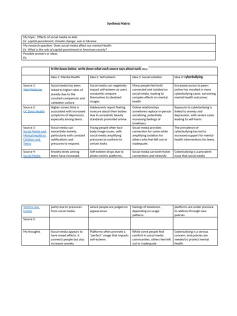 Synthesis Student Source Review Grid Pdf Cyberbullying Self Esteem
