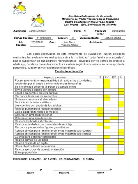 Escala De Estimacion Para Entregar Pdf Educación De La Primera Infancia