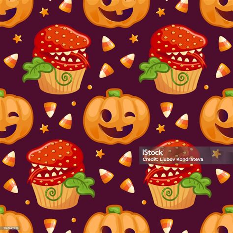 유쾌하고 축제 분위기가 물씬 풍기는 할로윈 테마의 이음새가 없는 패턴으로 다채로운 컵케이크와 호박을 보여줍니다 벽지 직물 포장 배경 가을에 대한 스톡 벡터 아트 및 기타